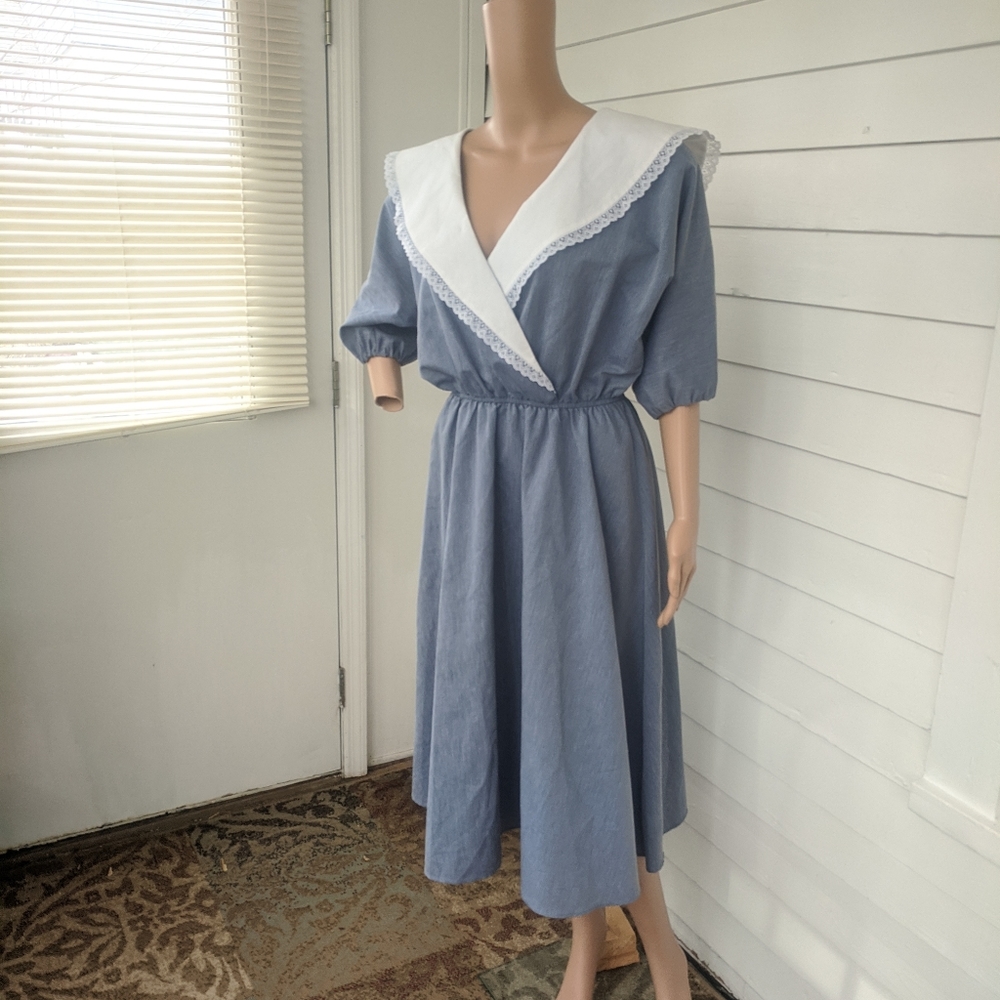 80s Blue Collar Dress Country Cottagecore Bee 13 - Gem
